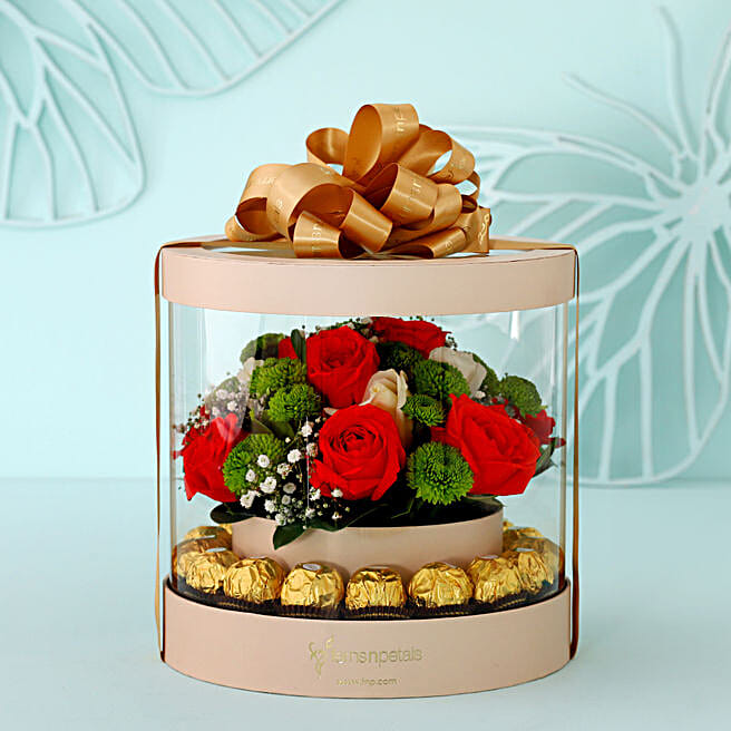 Buy/Send Mixed Flowers & Ferrero Rocher Premium Beige Box Online- FNP
