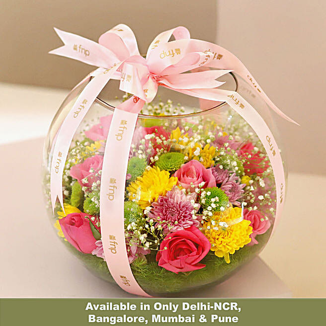 Buy/Send Colourful Flowers in Fish Bowl Online- Ferns N Petals
