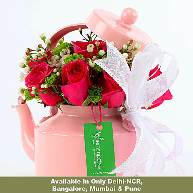 Buy/Send Pink Rose Tea Pot Arrangement Online- Ferns N Petals