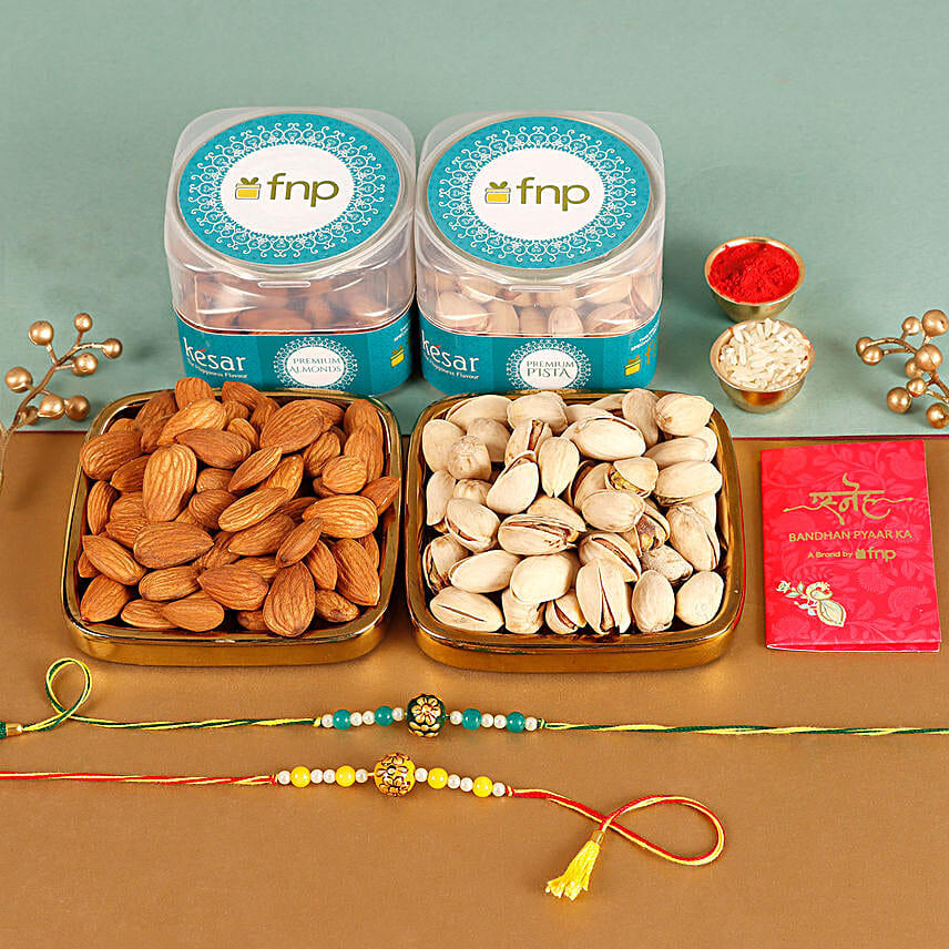 Buy/Send Sneh Meenakari Pearl Rakhis & Kesar Dry Fruits Online- FNP Buy/Send Sneh Meenakari Pearl Rakhis & Kesar Dry Fruits Online- FNP
