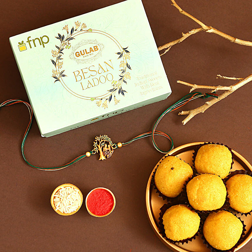 Buy/Send Sneh Radha Krishna Rakhi N Gulab Besan Laddoo Online- FNP Buy/Send Sneh Radha Krishna Rakhi N Gulab Besan Laddoo Online- FNP