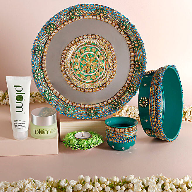 Buy/Send Gota Work Karwachauth Thali Set N Skin Essentials Online- FNP