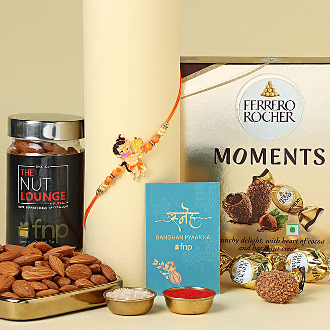 Buy/Send Sneh Bal Hanuman Rakhi with Sweet Treats and Nuts Online- FNP