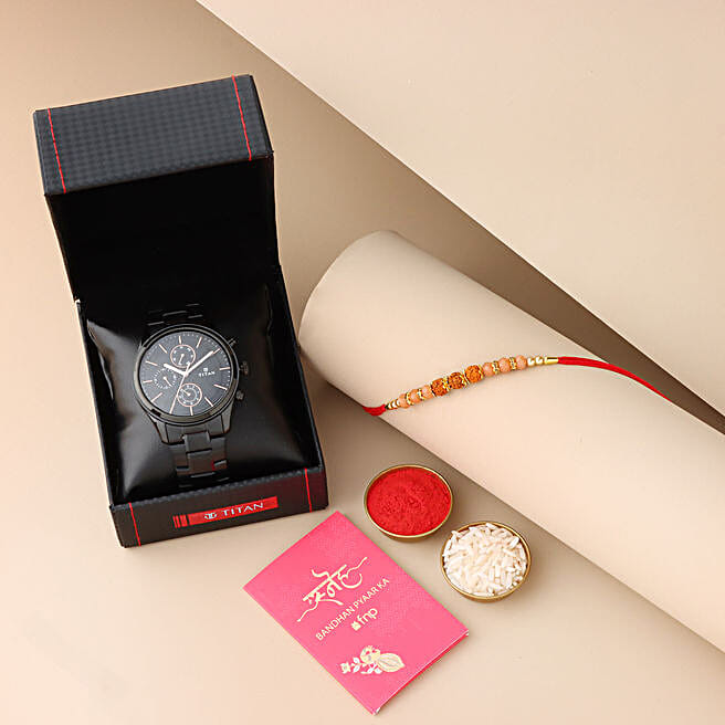 Buy/Send Rudraksha Rakhi with Titan Neo Iv Men's Watch Online- FNP