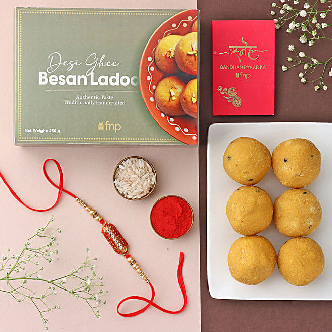 Buy/Send Sneh Meenakari Capsule Rakhi & Besan Laddoo Box Online- FNP