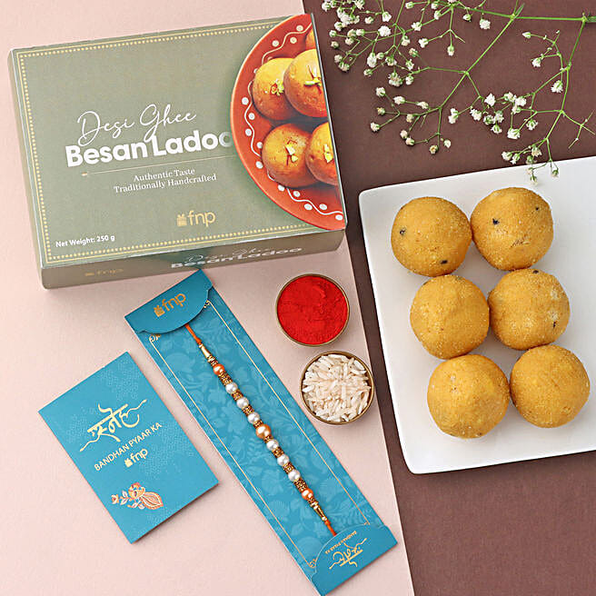 Buy/Send Sneh Serene Pearls Rakhi & Besan Laddoo Box Online- FNP