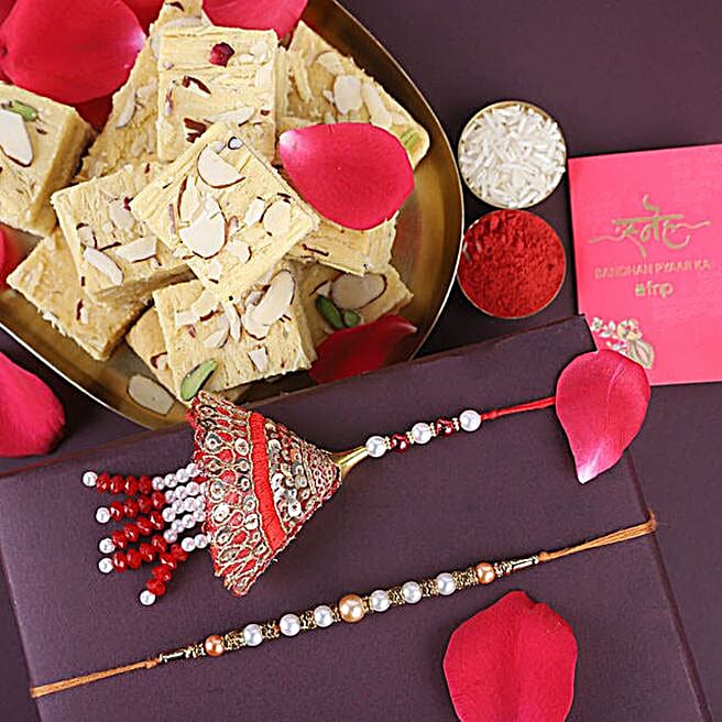 Buy/Send Pearly Bhaiya Bhabhi Rakhi and Soan Papdi Online- FNP