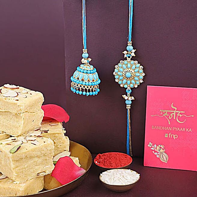 Buy/Send Sneh Regal Bhaiya Bhabhi Rakhi and Soan Papdi Online- FNP
