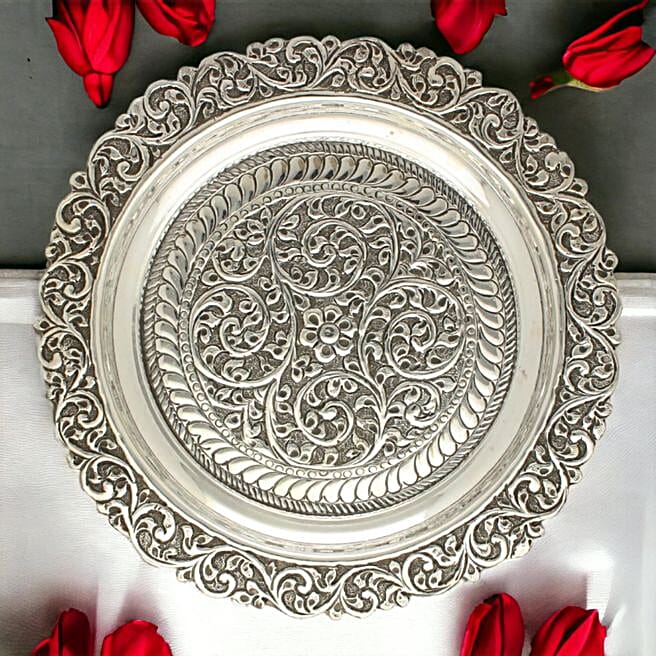 Buy/Send Intricate Flower Design Silver Thali Diwali Gift Online- FNP
