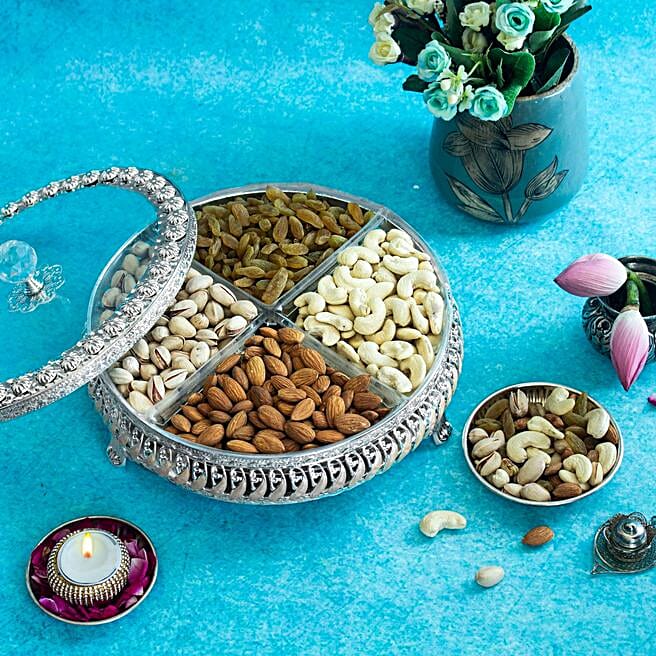 Buy/Send Kesar Royal Dryfruits Silver Serveware Gift Box Online- FNP