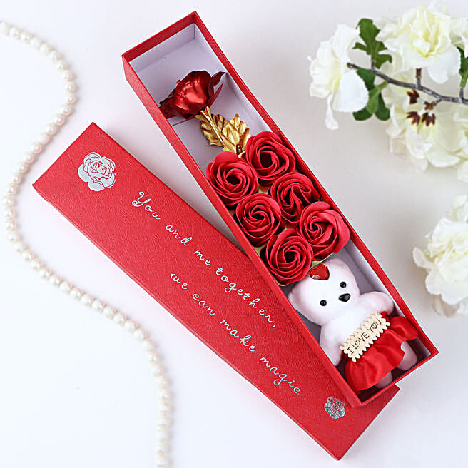 Buy/Send Artificial Red Rose With Teddy Bear in Box Online- FNP