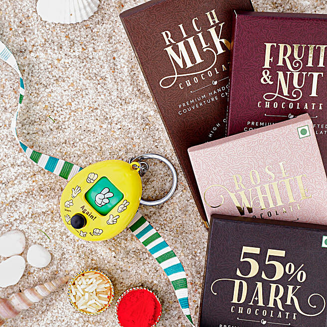 Buy/Send Joyful Rock-Paper-Scissors Toy Keychain Rakhi & Choco Delights ...