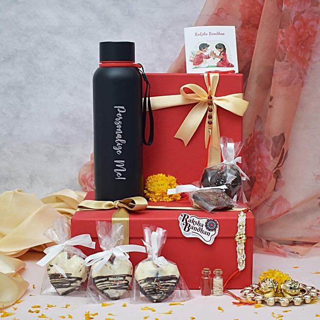 Buy/Send Designer Rakhi & Personalised Bottle Gift Hamper Online- FNP