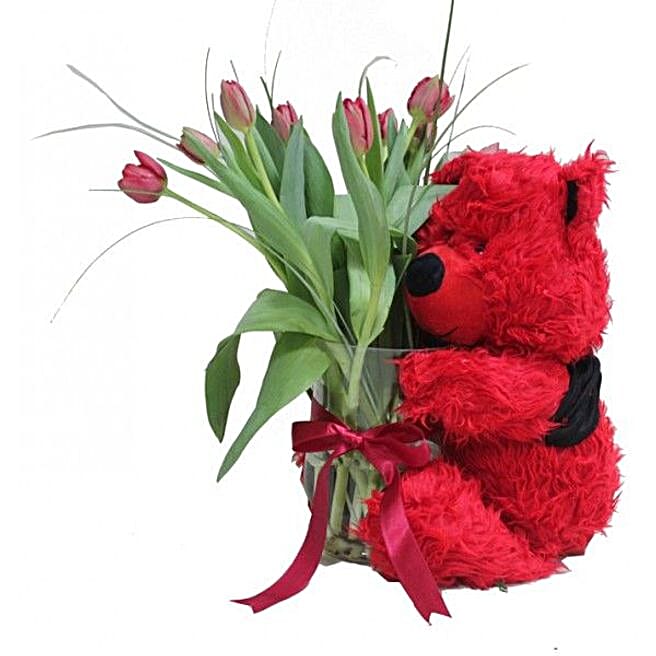 Tulips And Teddy Bear Combo lebanon | Gift Tulips And Teddy Bear Combo- FNP