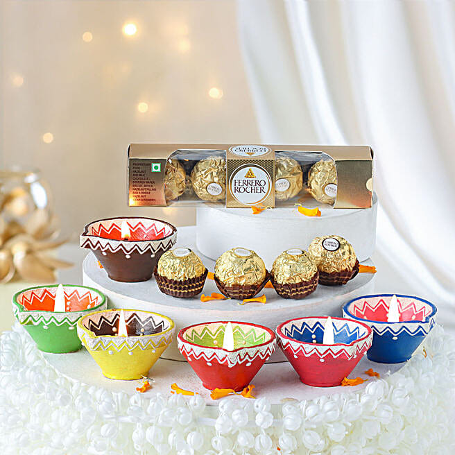 Vibrant Diwali Diyas & Ferrero Rocher Box new-zealand | Gift Vibrant ...