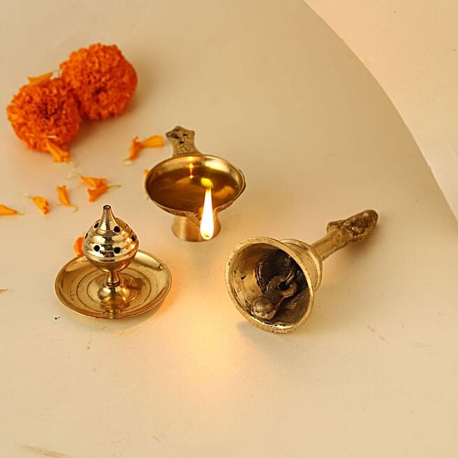 Brass Pooja Set- 3 Pcs oman | Gift Brass Pooja Set- 3 Pcs- FNP