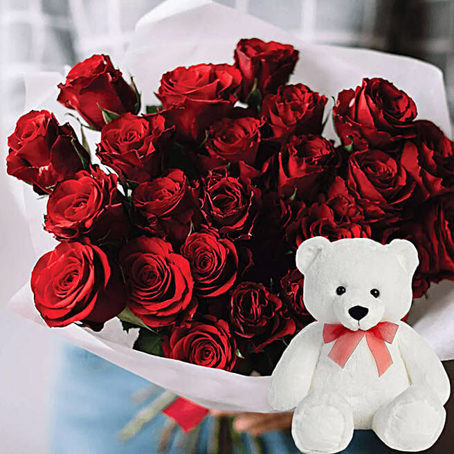 Soft Toy And Red Roses Bouquet qatar | Gift Soft Toy And Red Roses ...