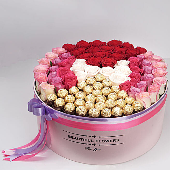 Glorious Mixed Roses & Ferrero Rocher Box qatar | Gift Glorious Mixed ...