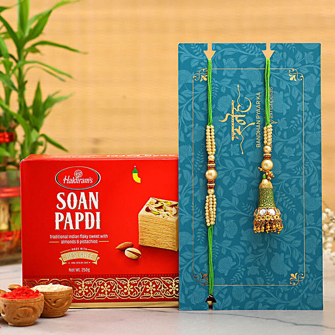 Ethnic Green Pearl And Lumba Rakhi Set With 250 Gms Soan Papdi qatar ...