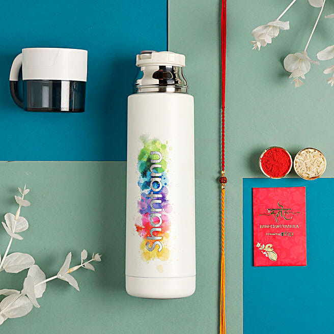 Sneh Rudraksha Rakhi and Personalised Thermosteel Flask romania | Gift ...