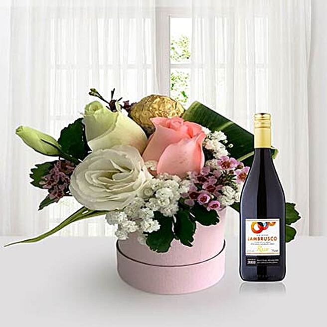 Flowers In Box N Red Wine singapore | Gift Flowers In Box N Red Wine- FNP