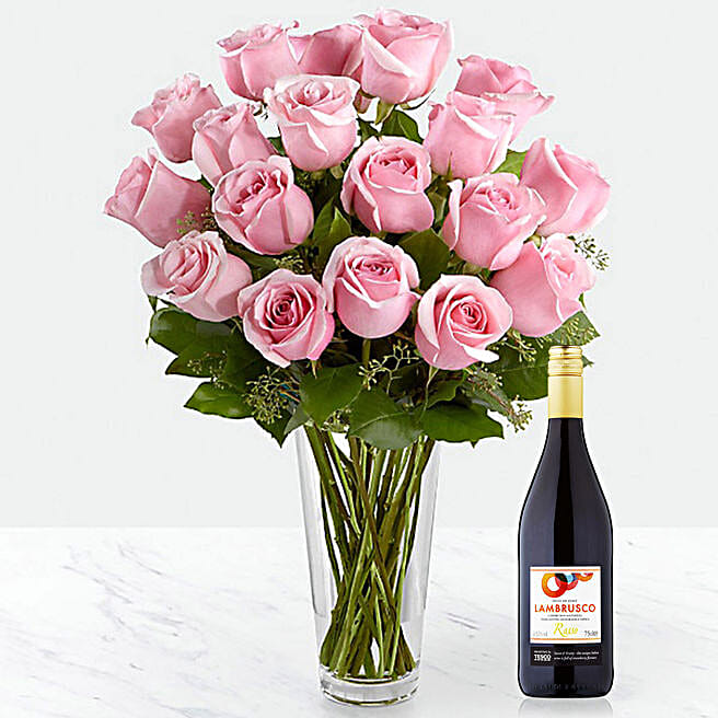 12 Delicate Pink roses Vase With Tesco Red Wine singapore | Gift 12 ...