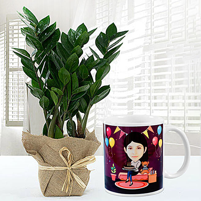 Jute Wrapped Jamia Plant With Personalised Birthday Caricature Mug ...