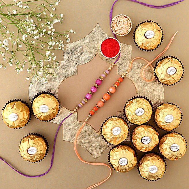 Sneh Peachy Rakhi Set & Ferrero Rocher Box singapore | Gift Sneh Peachy ...