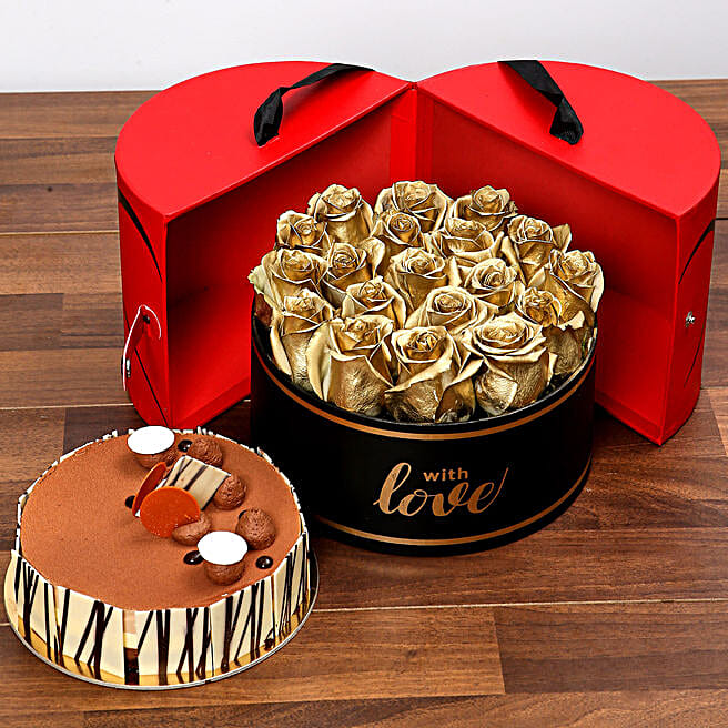 Grand Box Of Golden Roses and Cake uae | Gift Grand Box Of Golden Roses ...