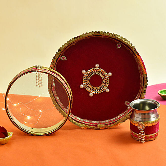 Beautiful Maroon Karwa Chauth Pooja Thali Set uae | Gift Beautiful ...