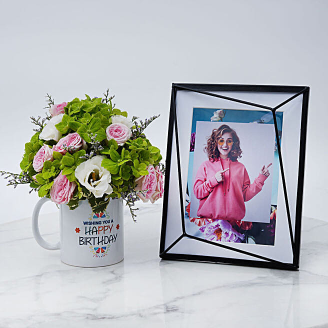 Birthday Flowers in Mug with Photo Frame uae | Gift Birthday Flowers in ...