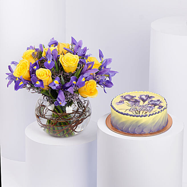 Iris Flower and Birthday Chocolate Cake uae | Gift Iris Flower and ...