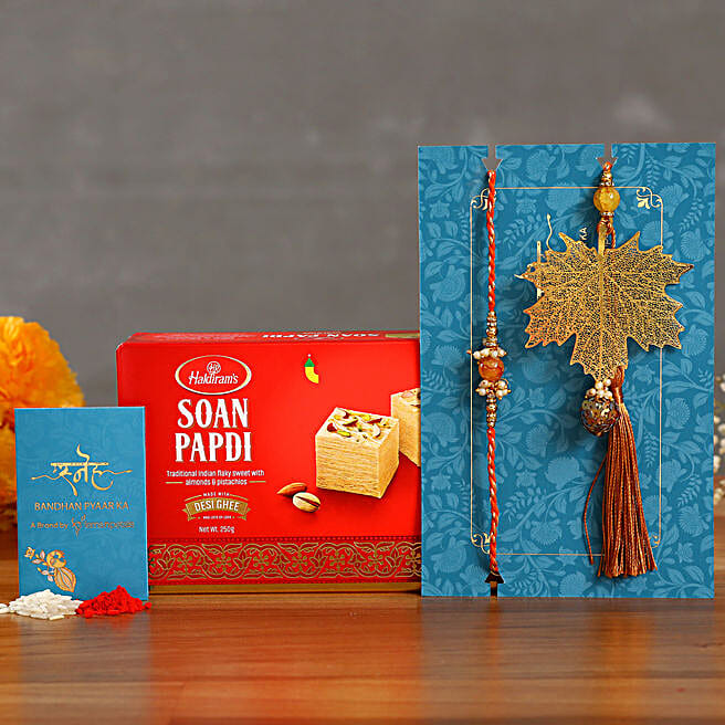 Maple Leaf Modern Lumba Rakhi Set With Soan Papdi uk | Gift Maple Leaf ...