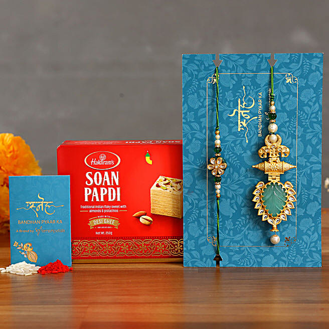 Ornamental Leaf Lumba Rakhi Set With Soan Papdi uk | Gift Ornamental ...