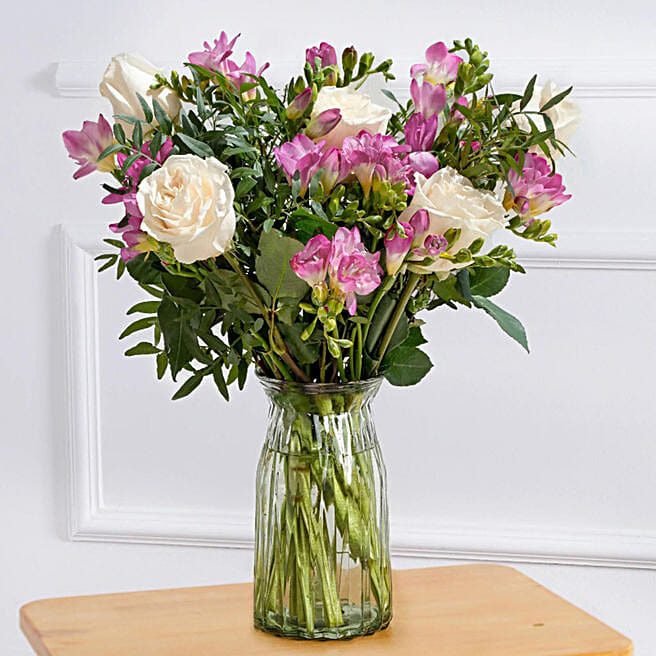 Pink Freesia White Rose uk | Gift Pink Freesia White Rose- FNP
