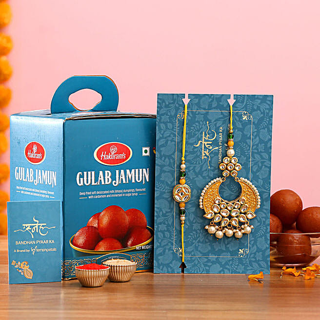 Crescent Shaped Lumba Rakhi Set And Gulab Jamun Exp uk | Gift Crescent ...
