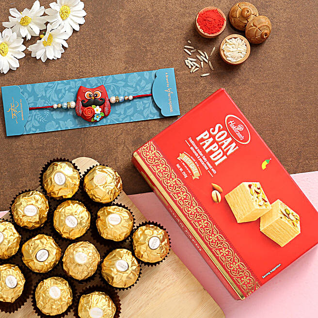 Maroon Owl Kids Rakhi With Soanpapdi And Ferrero Rocher Exp uk | Gift ...