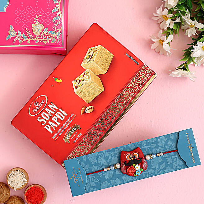 Maroon Owl With Moustache Rakhi For Kids With 250 Gms Soan Papdi Exp uk ...