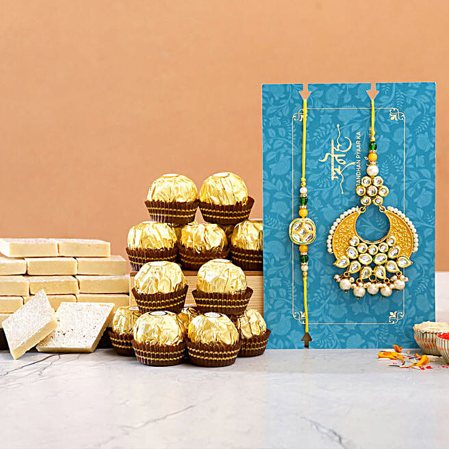 Yellow Pearl Lumba Rakhi Set And Kaju Katli With Ferrero Rocher Exp uk ...