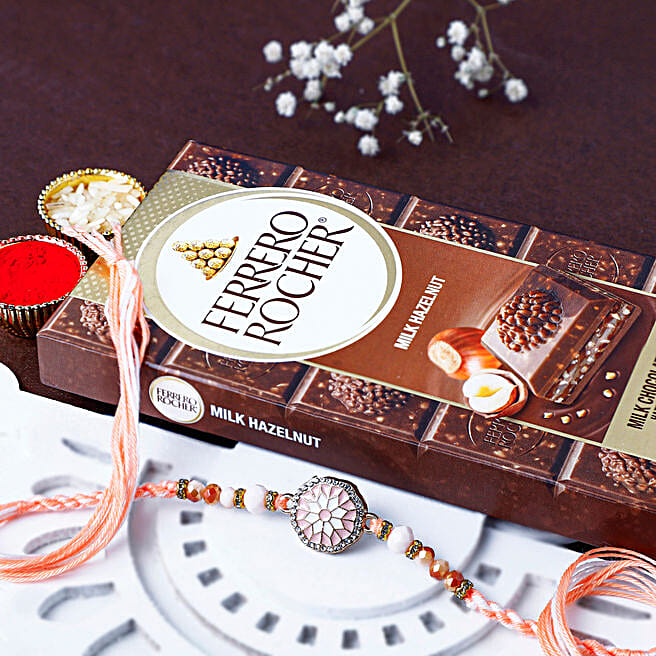 Rosy American Diamond Rakhi & Ferrero Bar uk | Gift Rosy American ...