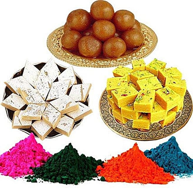 Kaju Barfi with Rasgulla Soan Papdi with Holi Colors usa | Gift Kaju ...