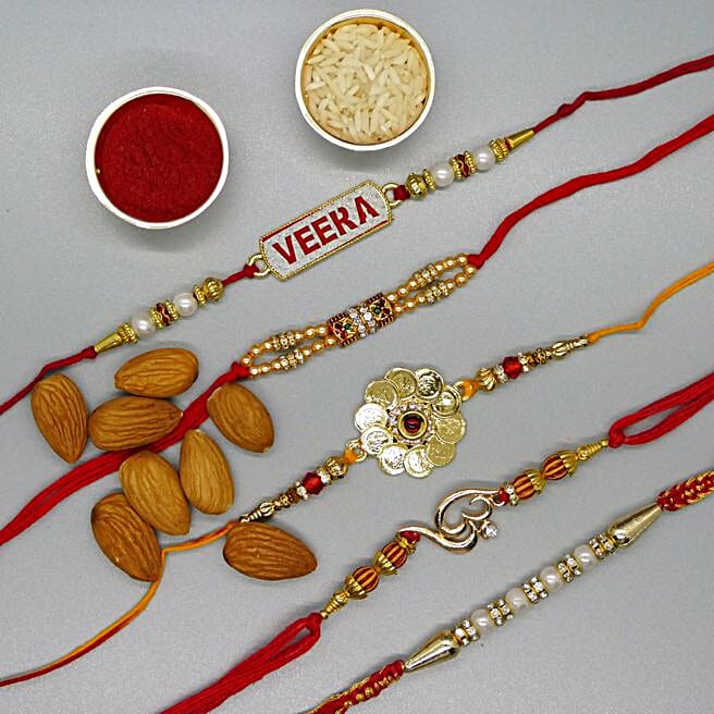 Set Of 5 Traditional Rakhis And Almonds Combo usa | Gift Set Of 5 ...