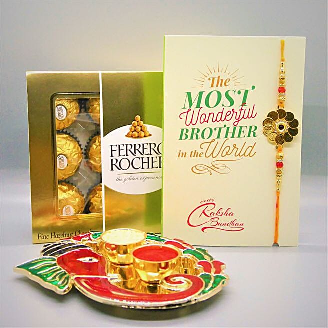 Rakhi With Ferrero Rocher And Designer Puja Thali usa | Gift Rakhi With ...
