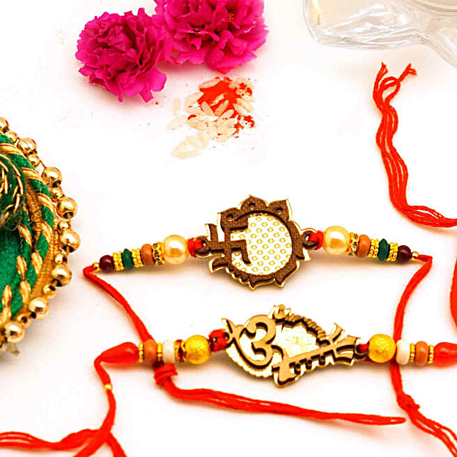 Set Of Wood Carved Swastika Rakhi And Om Rakhi usa | Gift Set Of Wood ...
