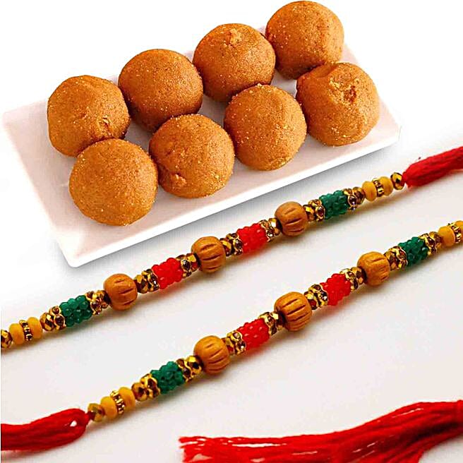 Colourful Rakhi Set N Besan Laddu 450 gms usa | Gift Colourful Rakhi ...