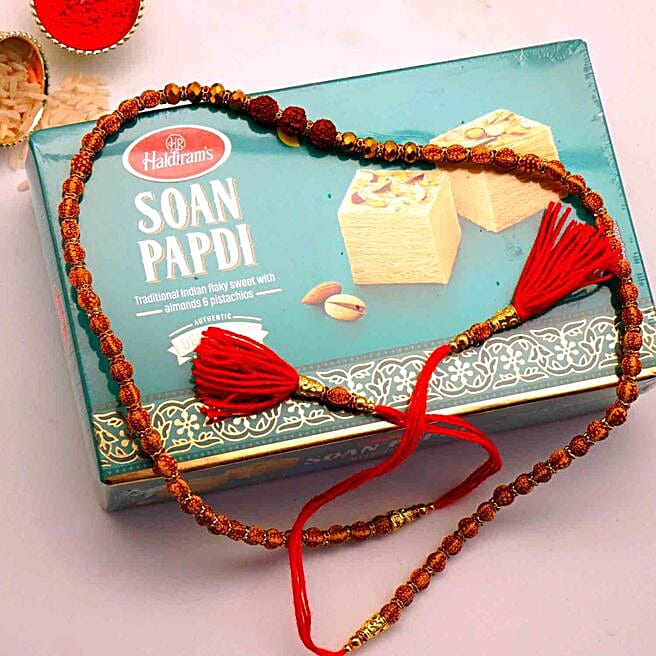 Multi Fold Rudraksha Rakhi And Soan Papdi usa | Gift Multi Fold ...