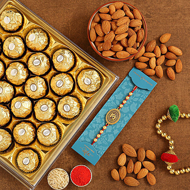 Om Pearl Rakhi And Almonds With Ferrero Rocher usa | Gift Om Pearl ...