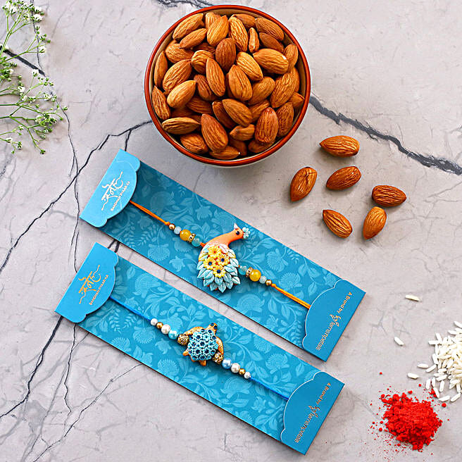 Peacock And Turtle Rakhi Set With Healthy Almonds usa | Gift Peacock ...