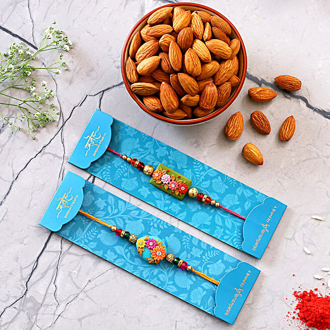 Rectangular And Oval Floral Rakhi Set With Healthy Almonds usa | Gift ...