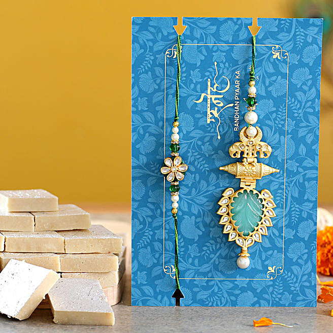 Ornamental Leaf Lumba Rakhi Set With Kaju Katli usa | Gift Ornamental ...